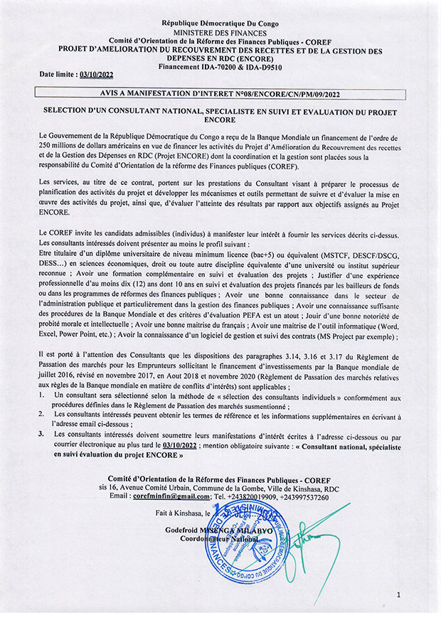 mediacongo.net - Offre d'emploi - Consultant national, spécialiste en suivi et évaluation