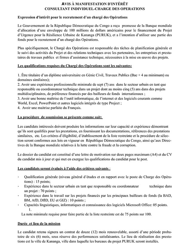 mediacongo.net - Offre d'emploi - Chargé des Opérations