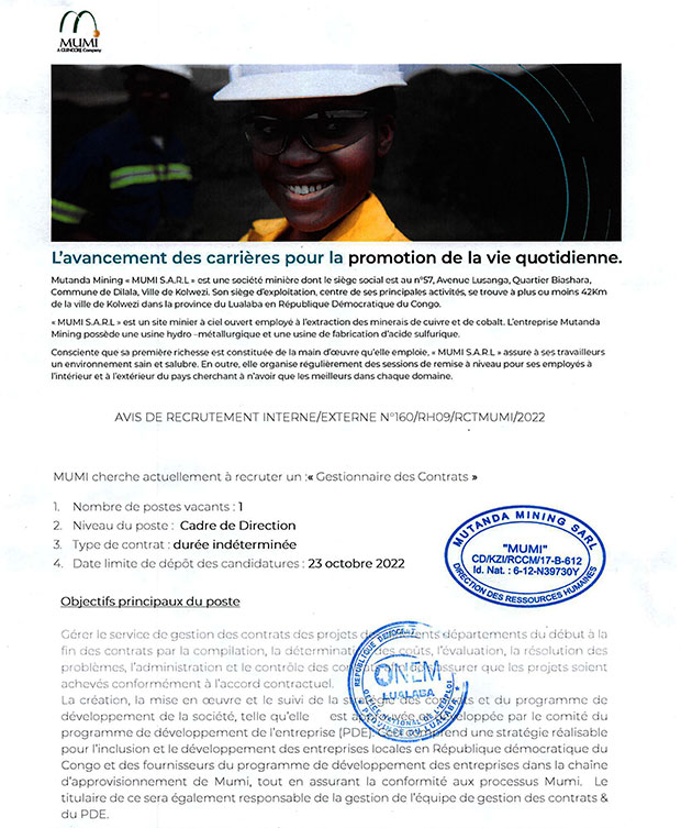 mediacongo.net - Offre d'emploi - Gestionnaire des Contrats