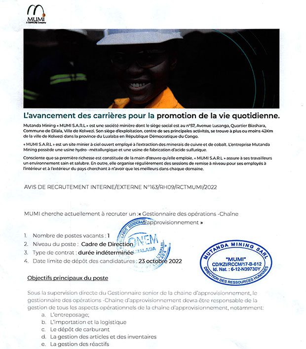 mediacongo.net - Offre d'emploi - Gestionnaire des opérations - chaine d'approvisionnement