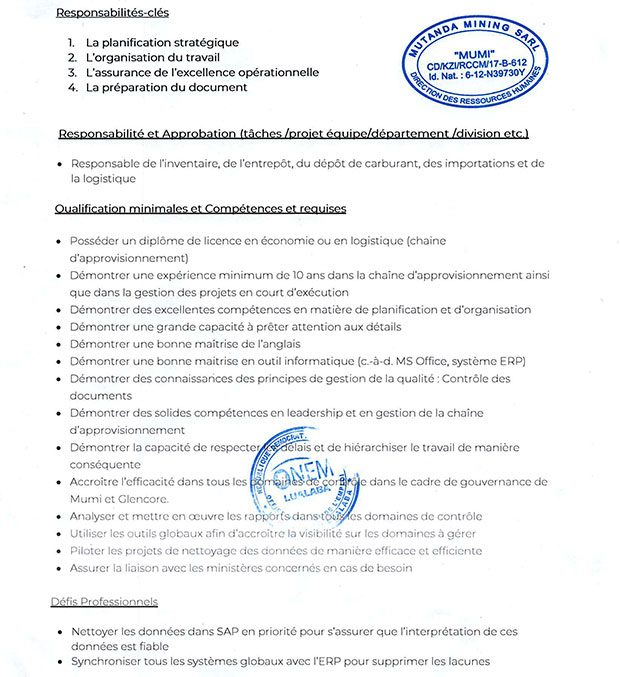 mediacongo.net - Offre d'emploi - Gestionnaire des opérations - chaine d'approvisionnement