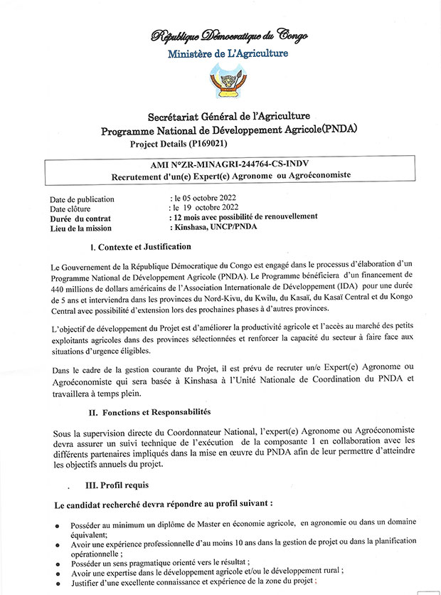 mediacongo.net - Offre d'emploi - Expert(e) Agronome ou Agroéconomiste