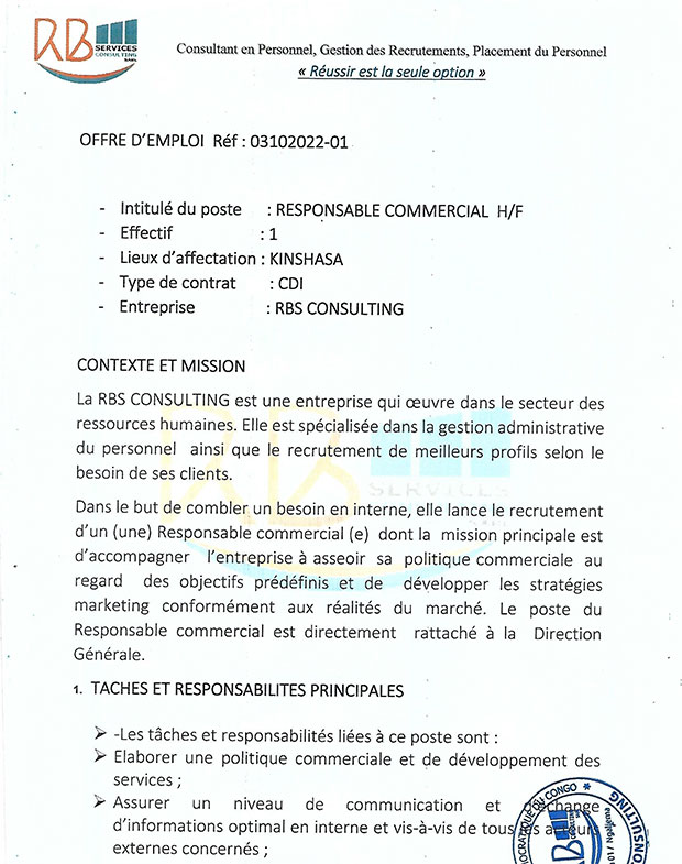 mediacongo.net - Offre d'emploi - Responsable commercial