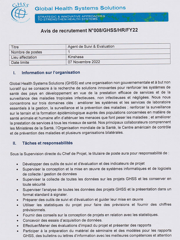 mediacongo.net - Offre d'emploi - Agent de Suivi & Evaluation