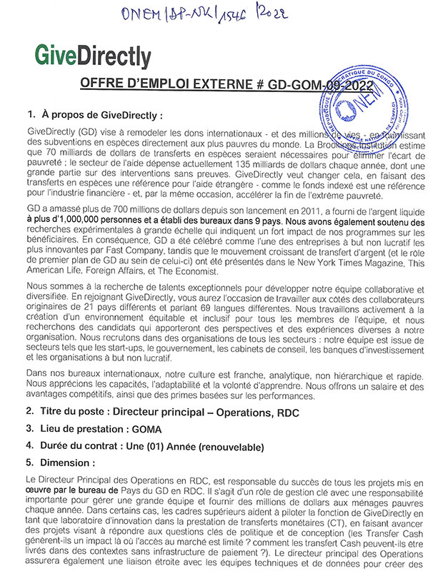 mediacongo.net - Offre d'emploi - Directeur principal - Operations