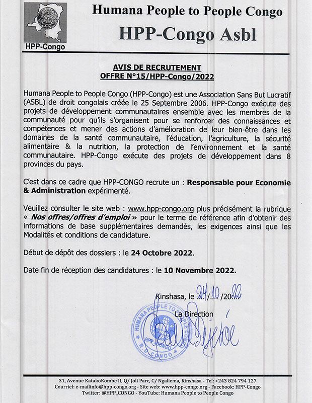 mediacongo.net - Offre d'emploi - Responsable pour Economie & Administration