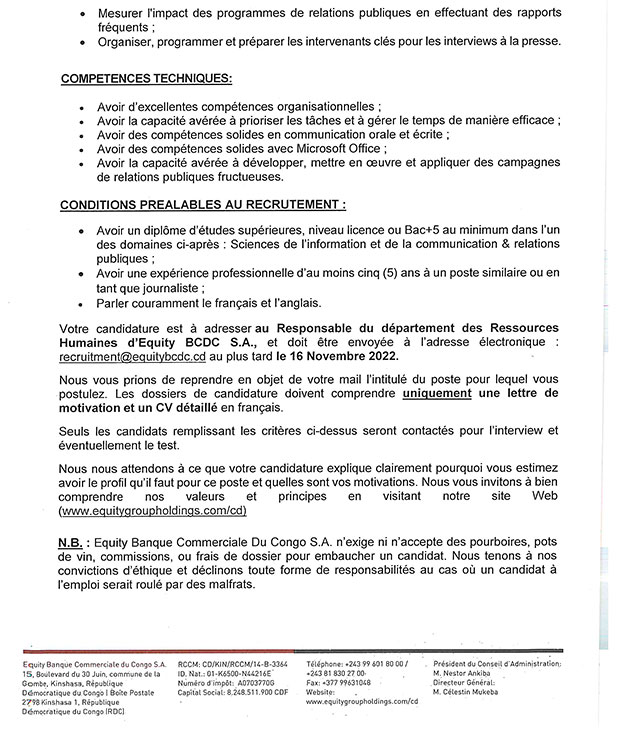 mediacongo.net - Offre d'emploi - Responsable relations publiques