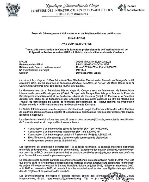 mediacongo.net - Offre d'emploi - Travaux de construction du Centre de ...