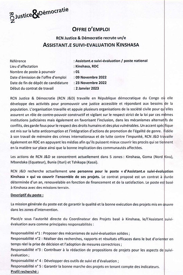 mediacongo.net - Offre d'emploi - Assistant(e) suivi-évaluation