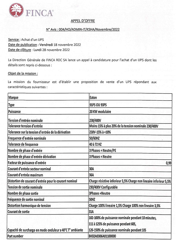 mediacongo.net - Offre d'emploi - Achat d'un UPS