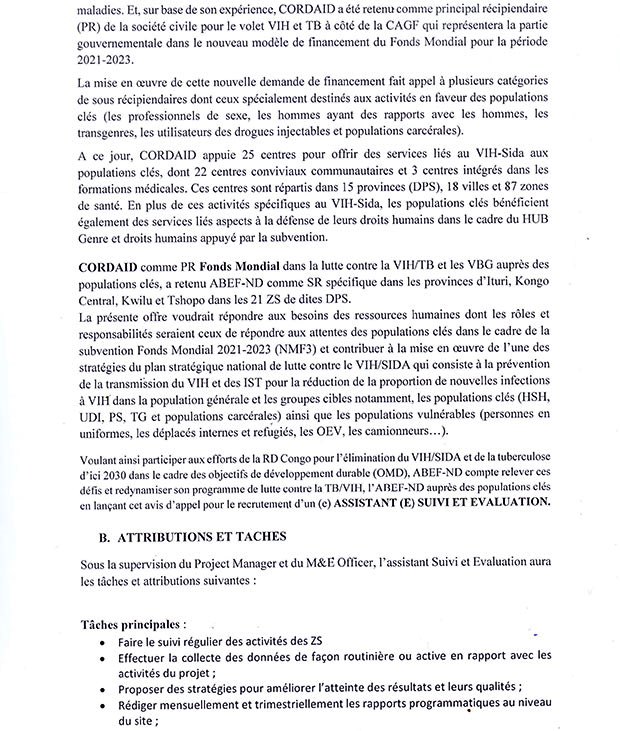 mediacongo.net - Offre d'emploi - Assistant M&E