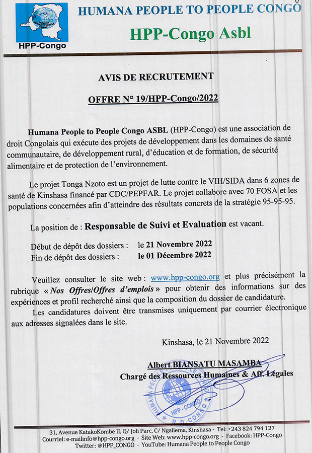 mediacongo.net - Offre d'emploi - Responsable de Suivi et Evaluation