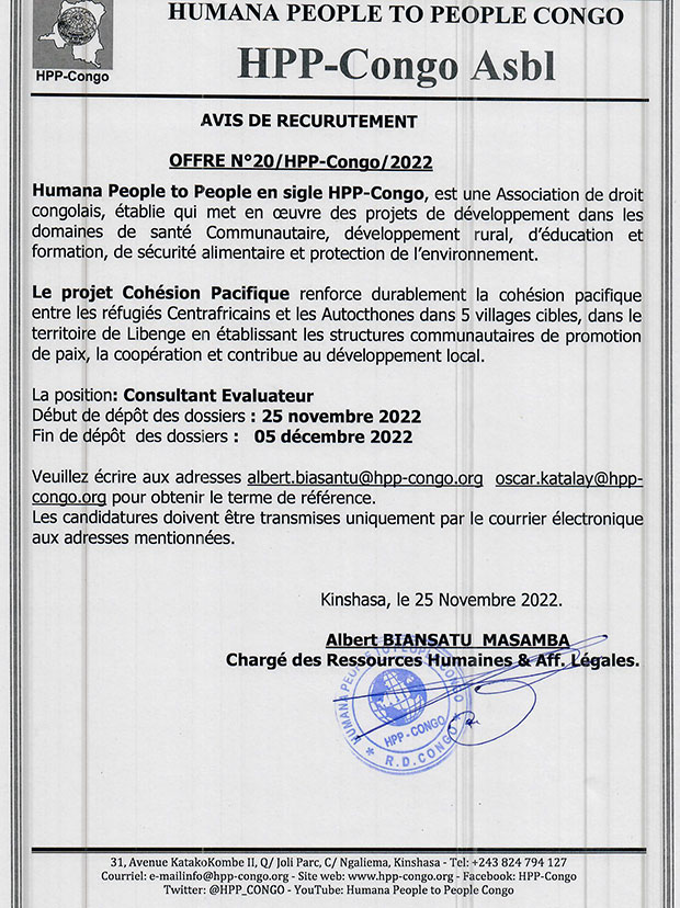 mediacongo.net - Offre d'emploi - Consultant Evaluateur