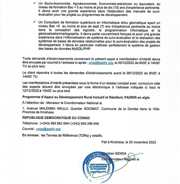 mediacongo.net - Offre d'emploi - Cabinet / firme chargé(e) de définir le système de Suivi ...