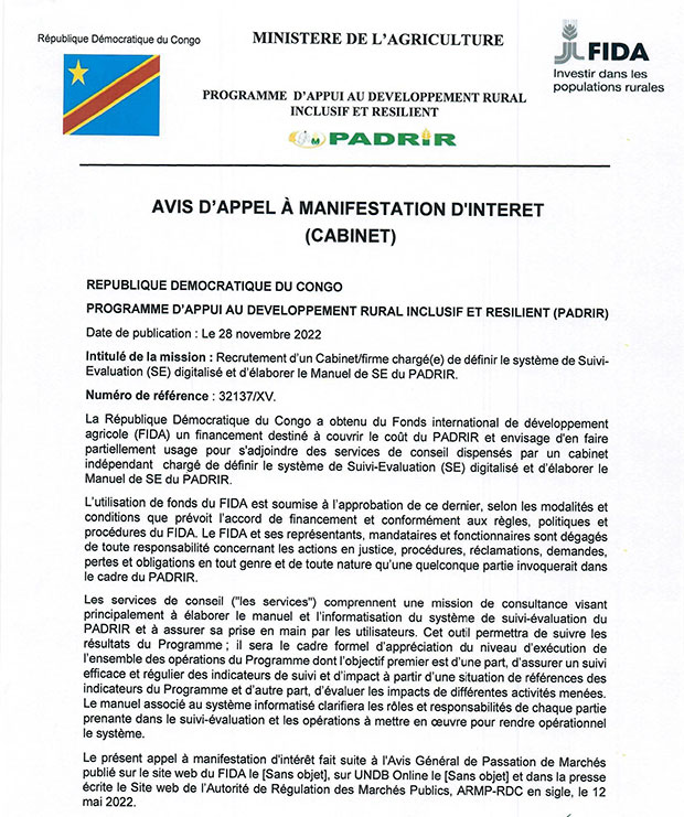 mediacongo.net - Offre d'emploi - Cabinet / firme chargé(e) de définir le système de Suivi ...