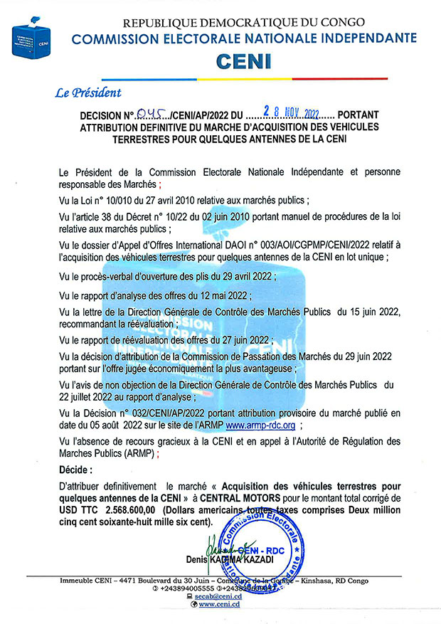 mediacongo.net - Offre d'emploi - ATTRIBUTION DEFINITIVE DU MARCHE : Acquisition des véhicules ...