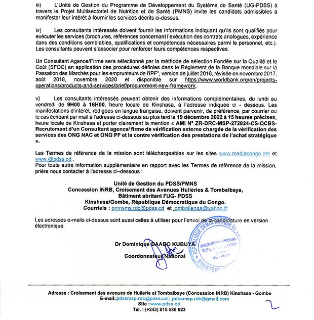 mediacongo.net - Offre d'emploi - Consultant Agence / Firme de Vérification externe chargée de ...