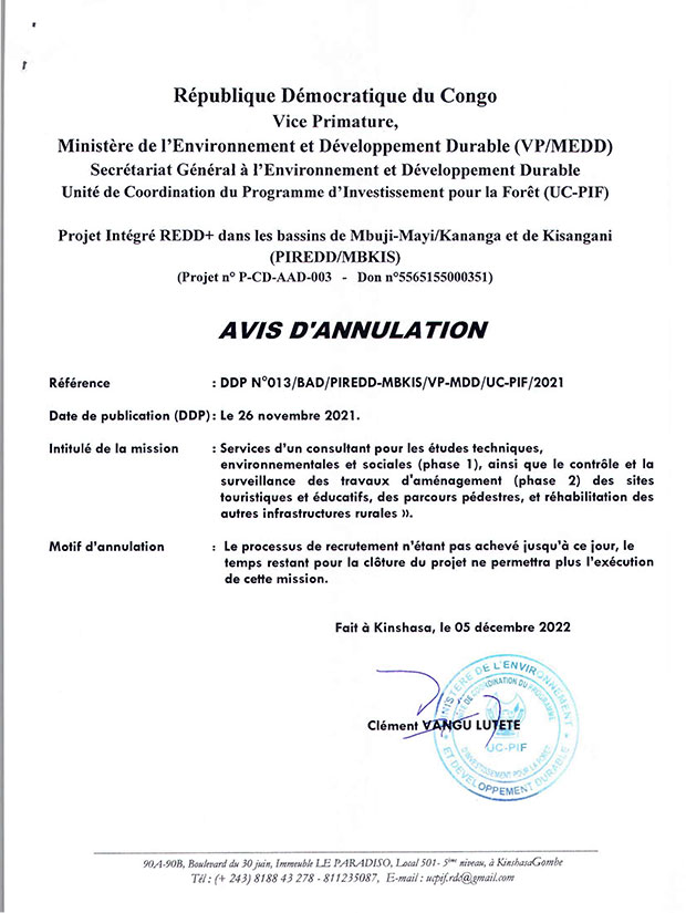 mediacongo.net - Offre d'emploi - AVIS D'ANNULATION : Service d'un consultant pour les études ...