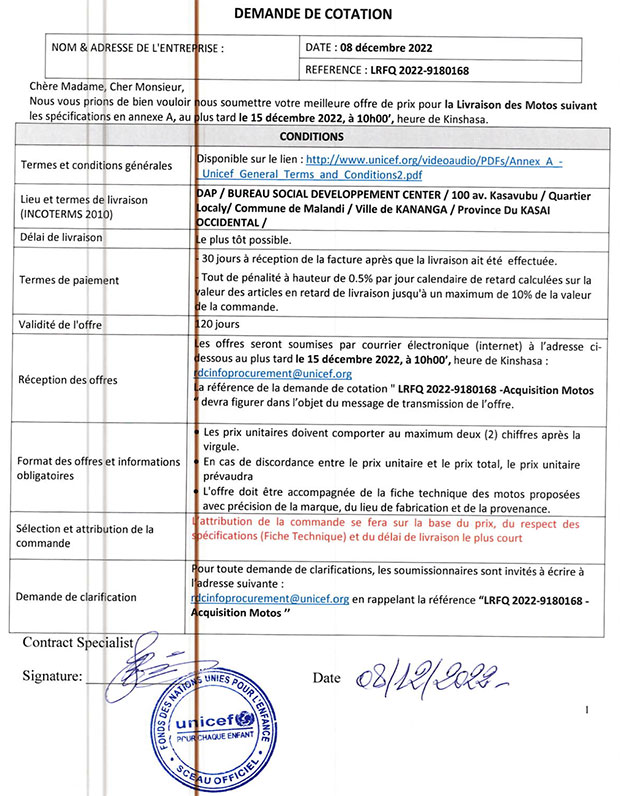 mediacongo.net - Offre d'emploi - Demande de cotation pour la Livraison ...