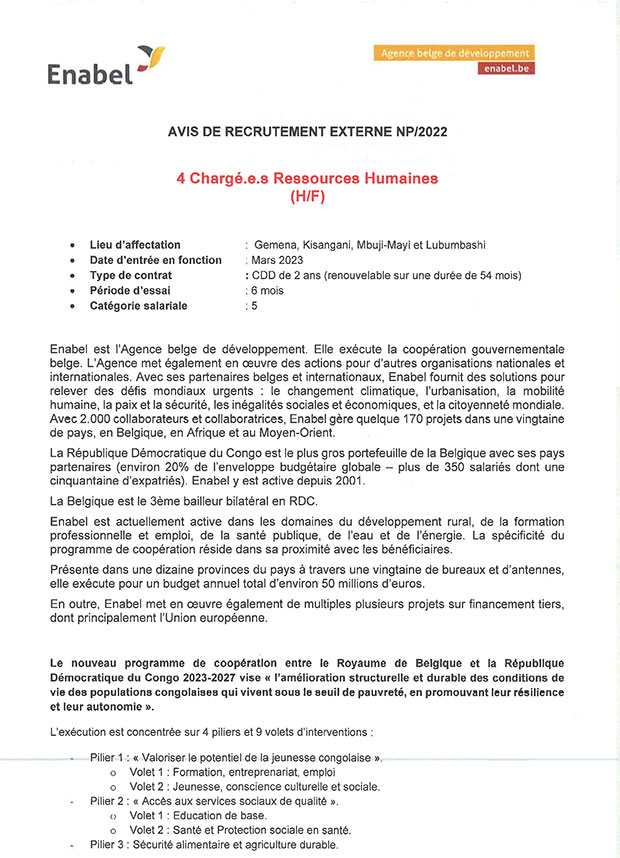mediacongo.net - Offre d'emploi - Chargé(e)s Ressources Humaines