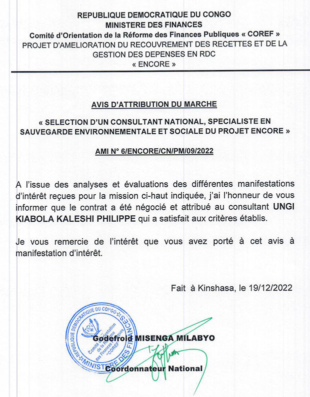 mediacongo.net - Offre d'emploi - ATTRIBUTION DU MARCHE : Sélection d ...