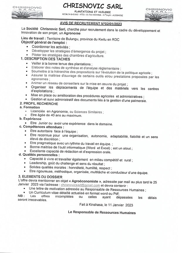 mediacongo.net - Offre d'emploi - Agronome