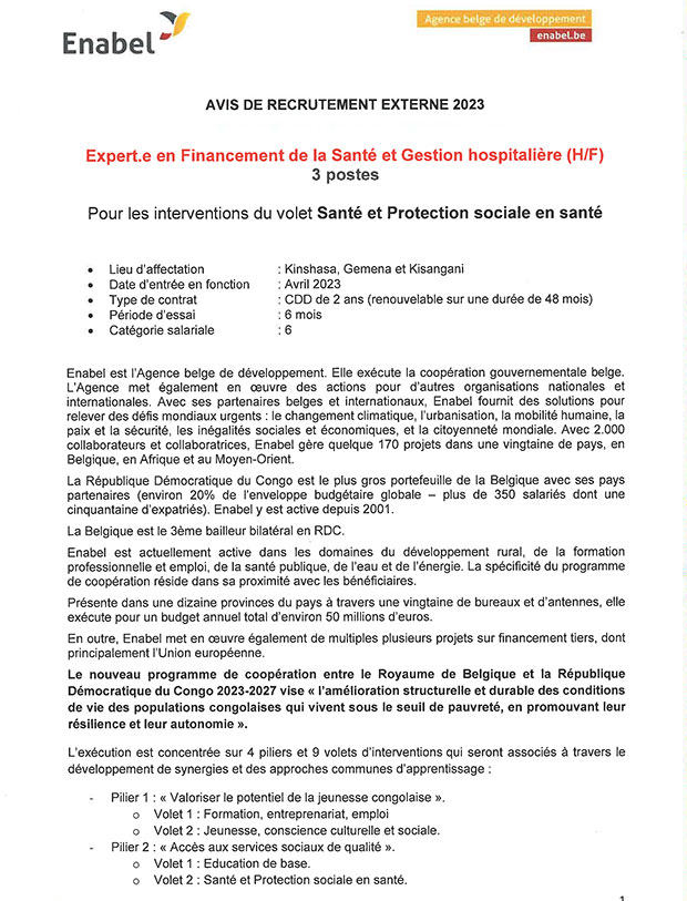 mediacongo.net - Offre d'emploi - Expert(e) en Financement de la Santé et Gestion hospitalière