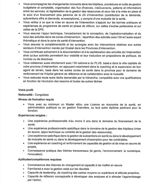 mediacongo.net - Offre d'emploi - Expert(e) en Financement de la Santé et Gestion hospitalière