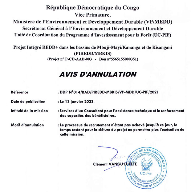 mediacongo.net - Offre d'emploi - Avis d'annulation : Services d'un Consultant pour l'assistance ...