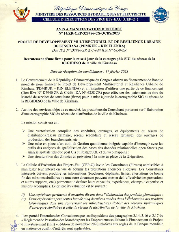 mediacongo.net - Offre d'emploi - Firme pour la mise à jour de la cartographie SIG du réseau de ...