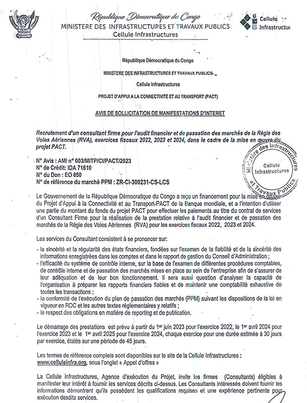 mediacongo.net - Offre d'emploi - Consultant firme pour l'audit financier et de passation des ...