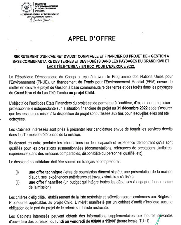 mediacongo.net - Offre d'emploi - Services d'audit comptable et financier du Projet CHILD pour l ...