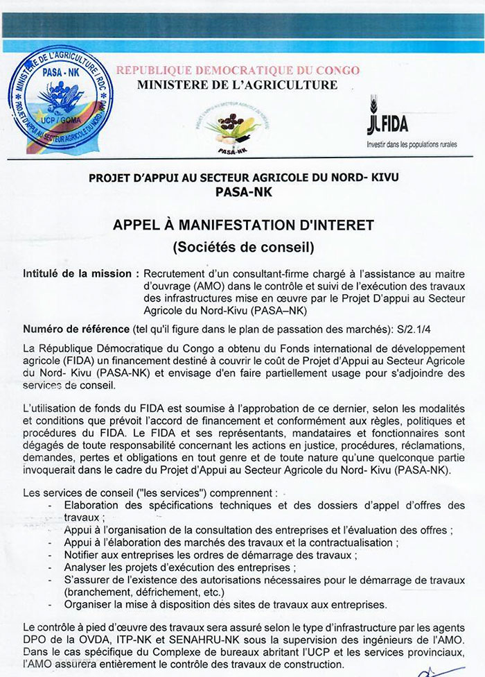 mediacongo.net - Offre d'emploi - Consultant-firme chargé de l'AMO dans le contrôle et suivi de ...