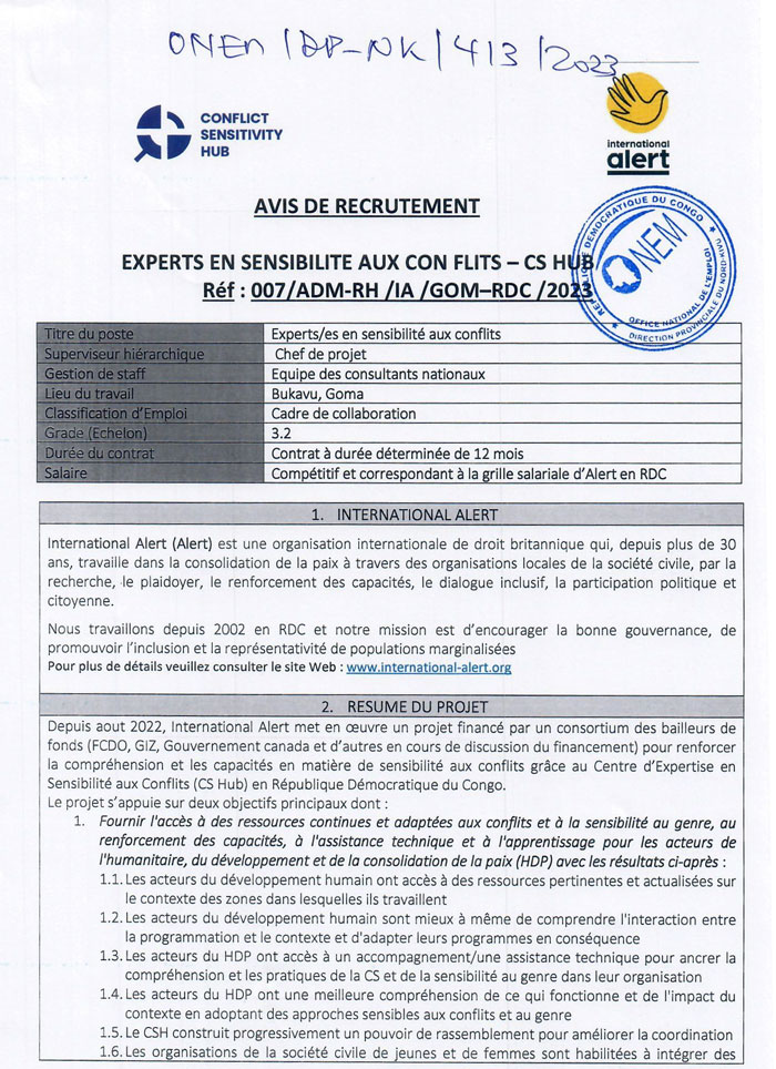 mediacongo.net - Offre d'emploi - Experts(es) en sensibilité aux conflits
