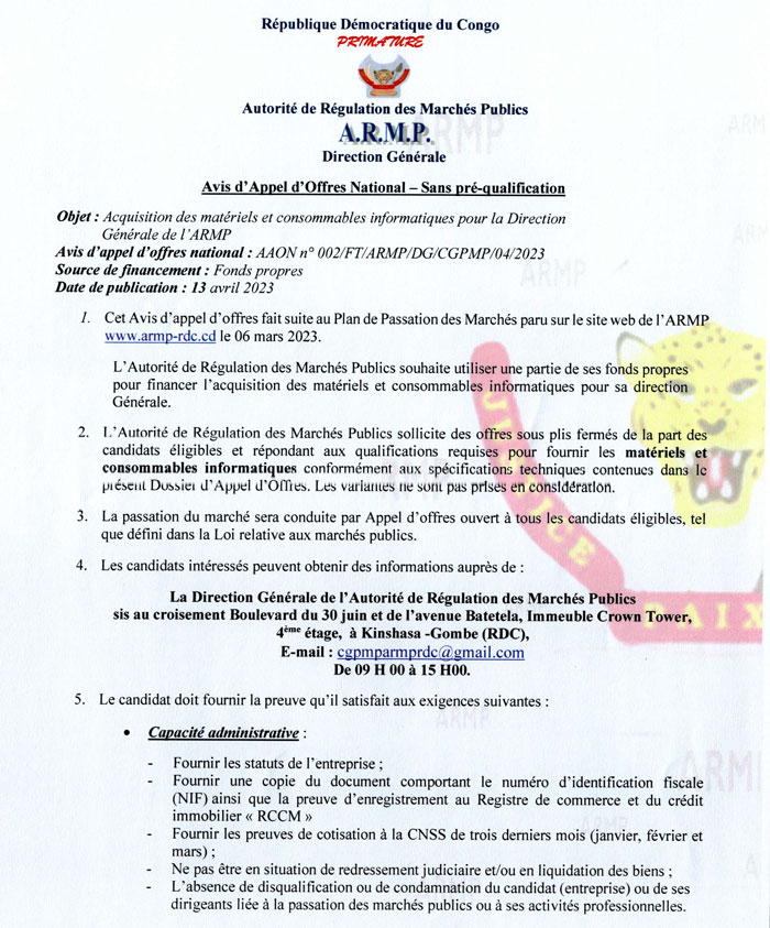 mediacongo.net - Offre d'emploi - Acquisition des matériels et consommables informatiques pour ...