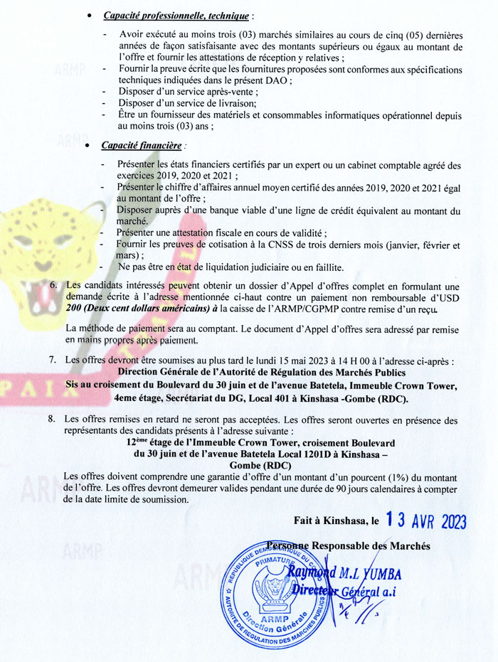 mediacongo.net - Offre d'emploi - Acquisition des matériels et consommables informatiques pour ...