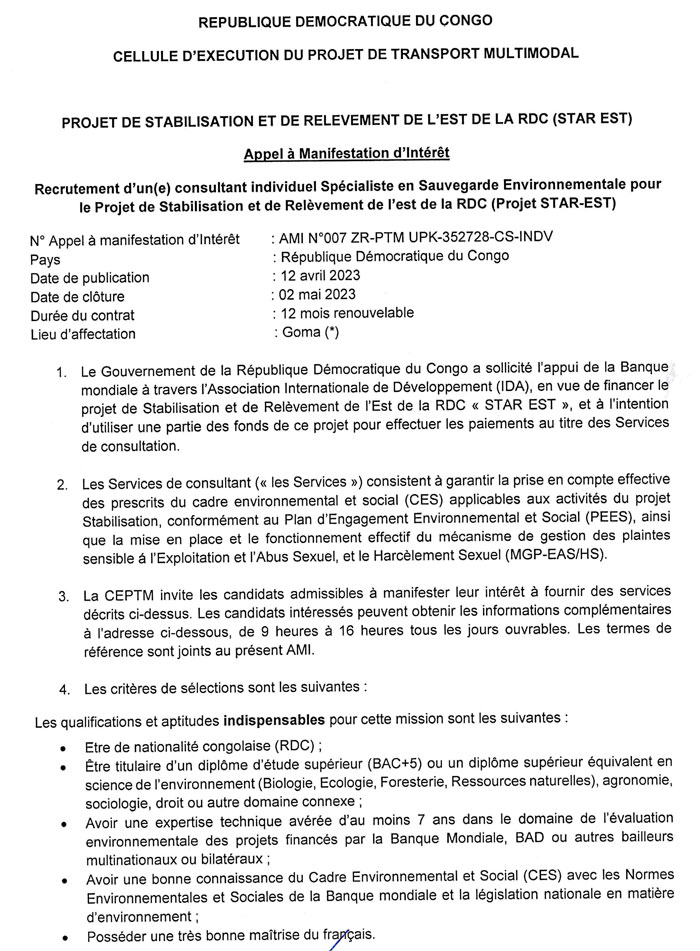 mediacongo.net - Offre d'emploi - Consultant(e) individuel(le) Spécialiste en Sauvegarde ...