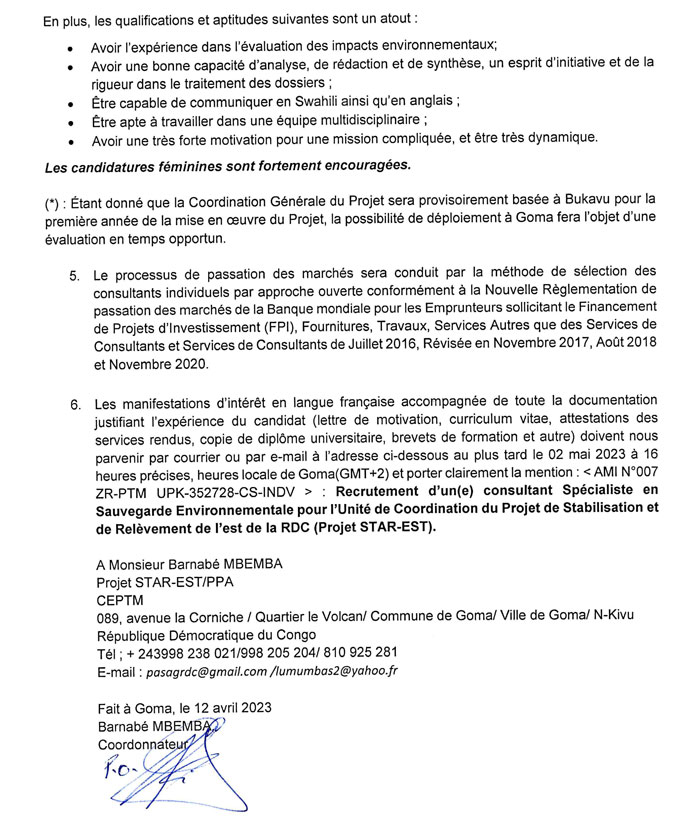 mediacongo.net - Offre d'emploi - Consultant(e) individuel(le) Spécialiste en Sauvegarde ...