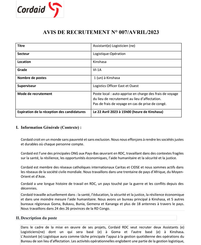 mediacongo.net - Offre d'emploi - Assistant(e) Logisticien (ne)