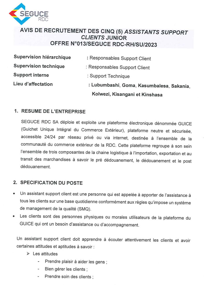mediacongo.net - Offre d'emploi - Assistants Support Clients Junior mediacongo.net - Offre d'emploi - Assistants Support Clients Junior