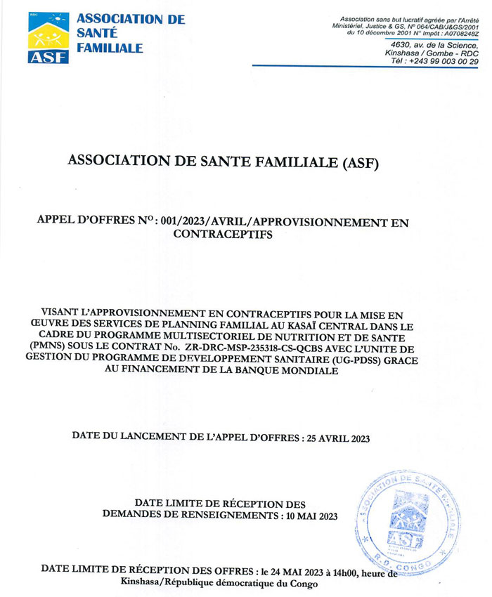 mediacongo.net - Offre d'emploi - Approvisionnement en contraceptifs ...