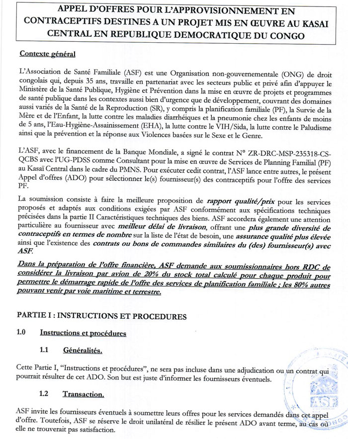 mediacongo.net - Offre d'emploi - Approvisionnement en contraceptifs ...