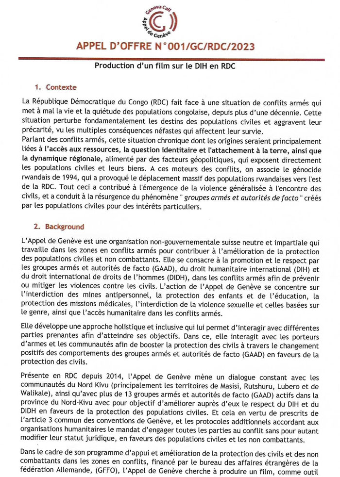 mediacongo.net - Offre d'emploi - Production d'un film sur le DIH en RDC