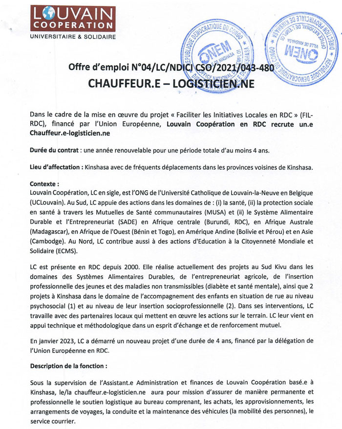 mediacongo.net - Offre d'emploi - Chauffeur(e) logisticien(ne)