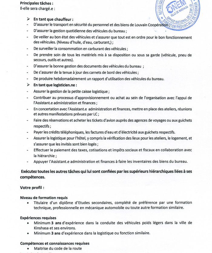 mediacongo.net - Offre d'emploi - Chauffeur(e) logisticien(ne)