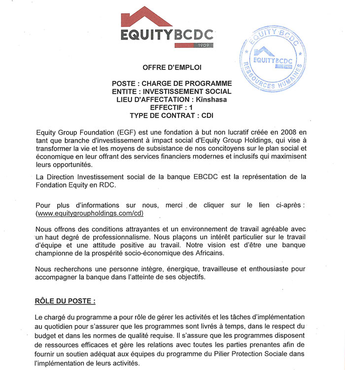 mediacongo.net - Offre d'emploi - Chargé de Programme