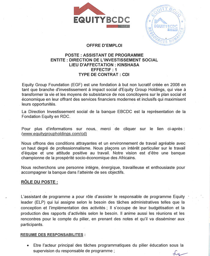 mediacongo.net - Offre d'emploi - Assistant de Programme