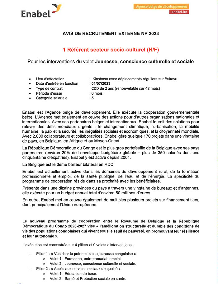 mediacongo.net - Offre d'emploi - Référent secteur socio-culturel