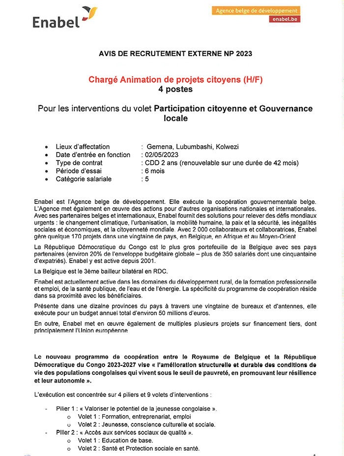 mediacongo.net - Offre d'emploi - Chargé d'animation de projets citoyens