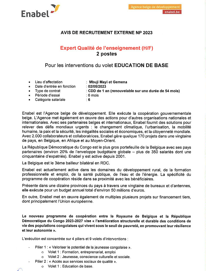 mediacongo.net - Offre d'emploi - Expert en qualité de l’enseignement